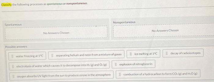 Solved Classify the following processes as spontaneous or | Chegg.com