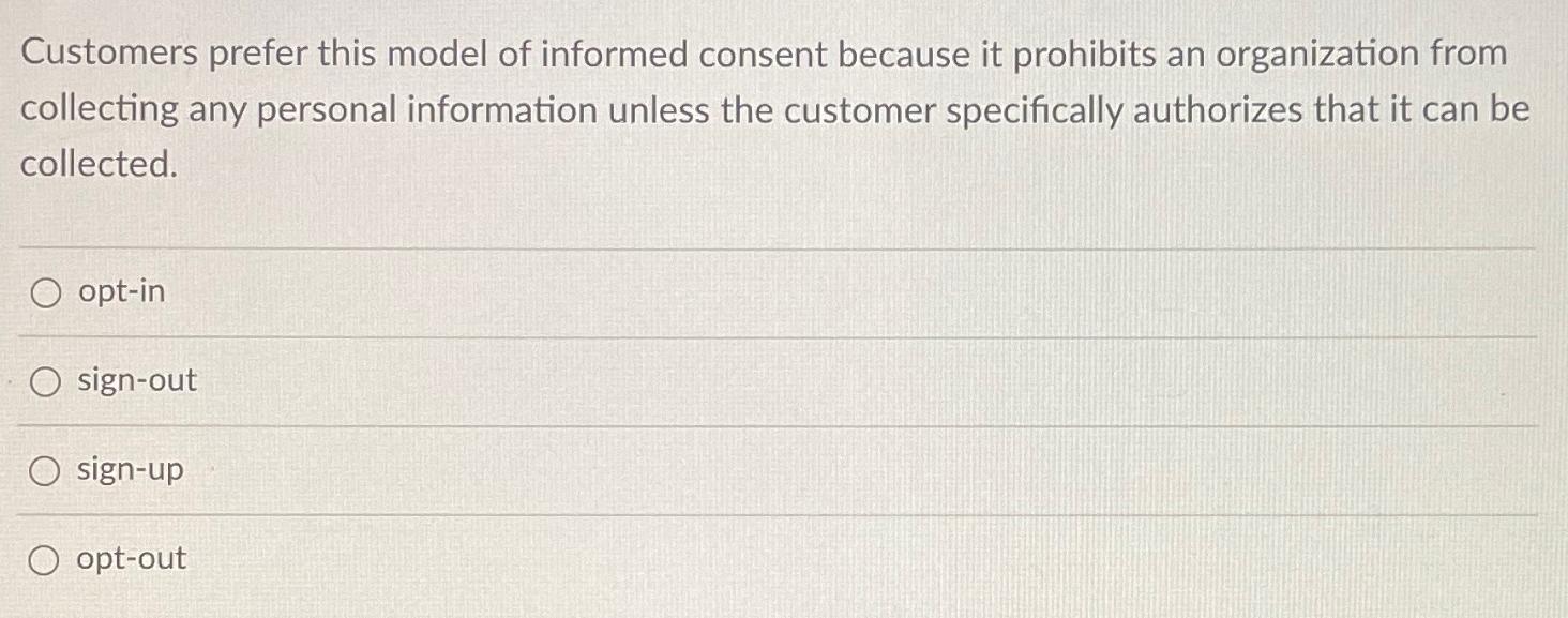 Solved Customers prefer this model of informed consent | Chegg.com