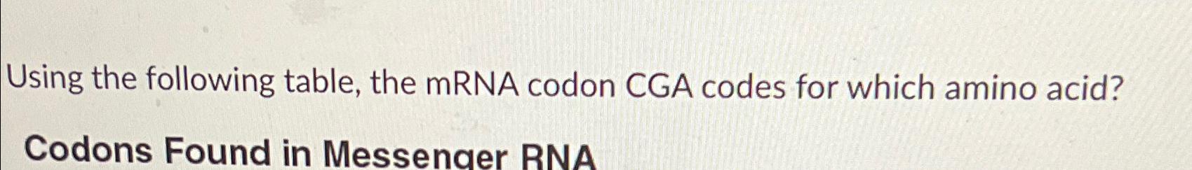 Solved Using the following table, the mRNA codon CGA codes | Chegg.com