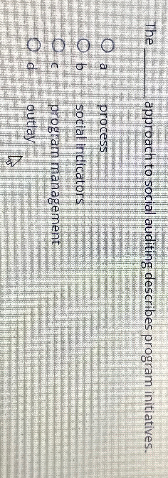 Solved The approach to social auditing describes program | Chegg.com