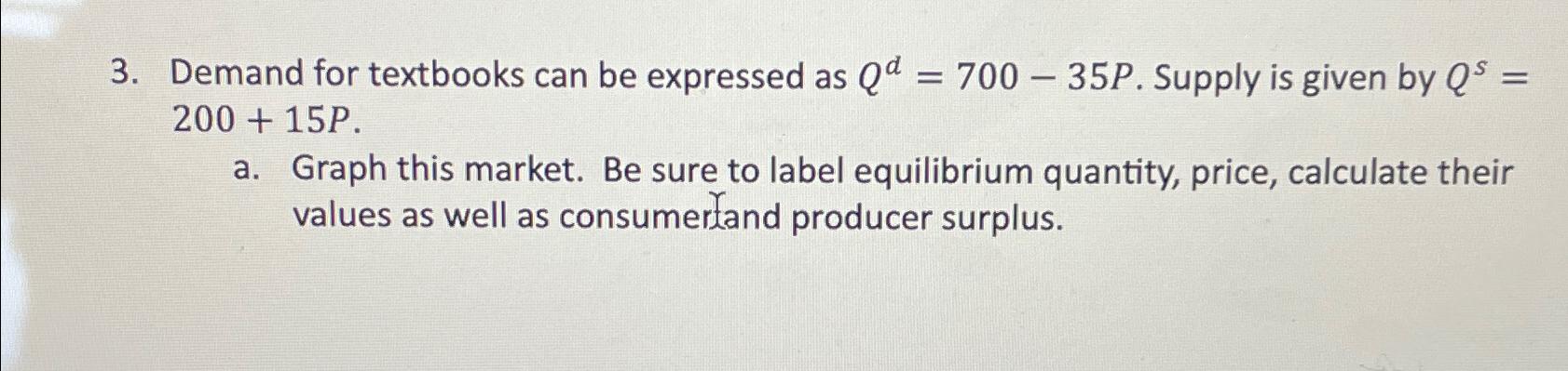Solved Demand for textbooks can be expressed as Qd=700-35P. | Chegg.com