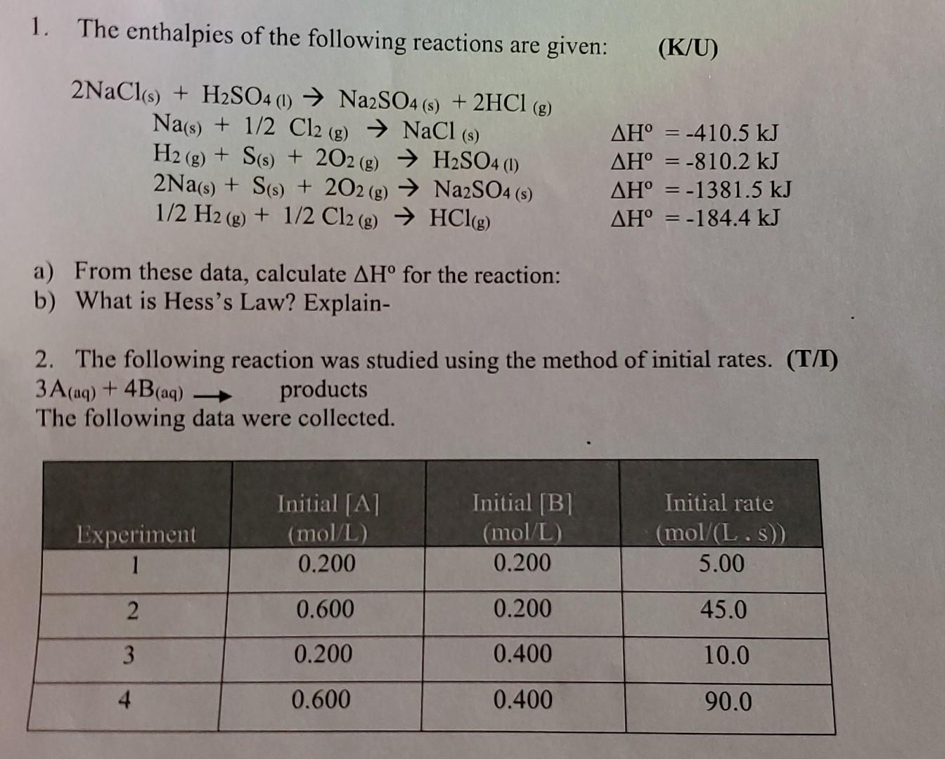 Solved 1. The enthalpies of the following reactions are | Chegg.com