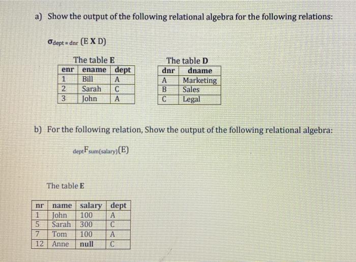 Solved a) Show the output of the following relational | Chegg.com