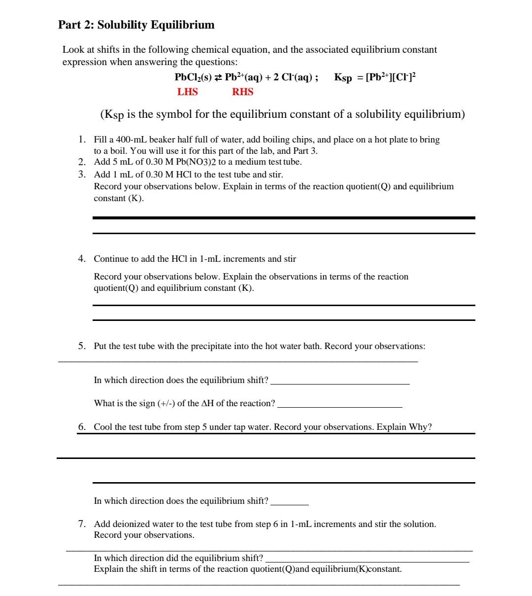 Solved Part 2: Solubility Equilibrium Look at shifts in the | Chegg.com