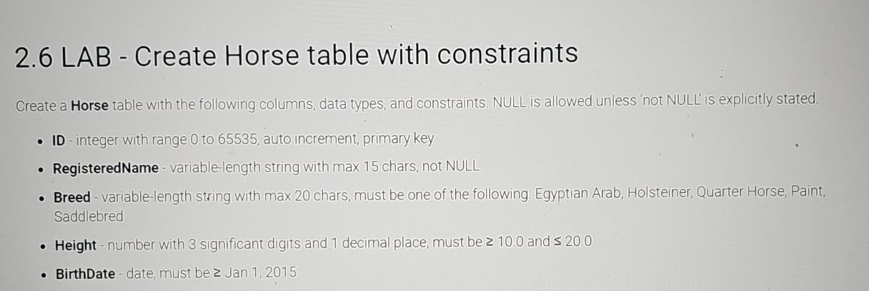 Solved 2.6 ﻿LAB - ﻿Create Horse table with constraintsCreate | Chegg.com