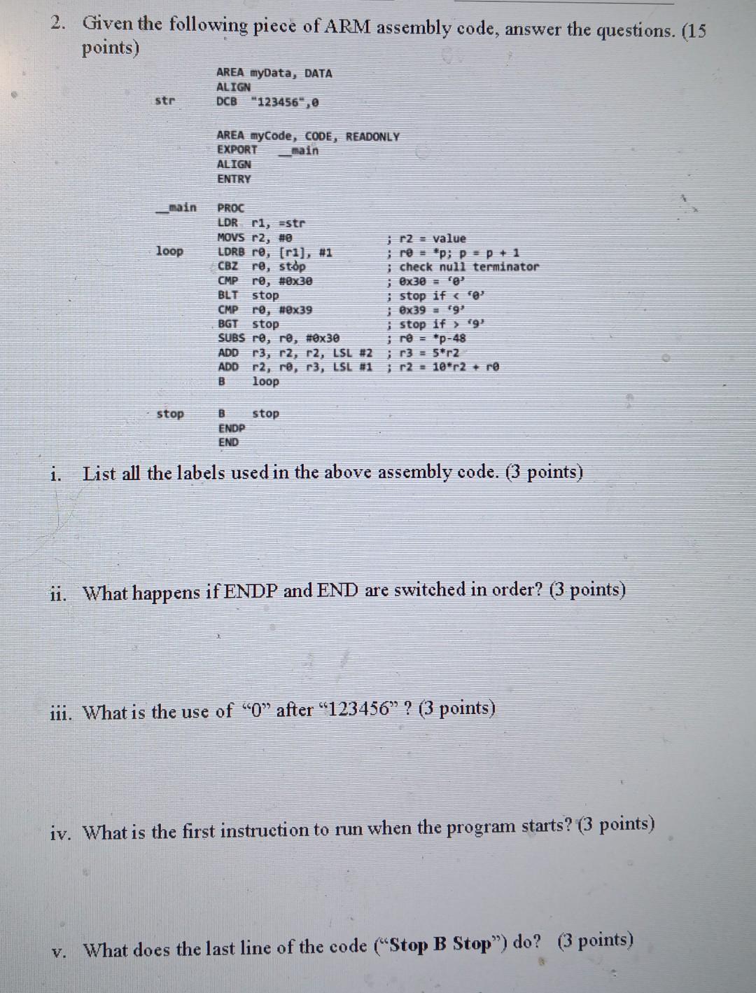 Solved 2. Given the following piece of ARM assembly code, | Chegg.com