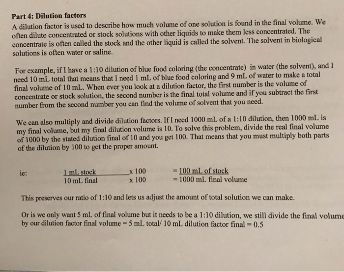 Solved Part 4: Dilution factors A dilution factor is used to | Chegg.com
