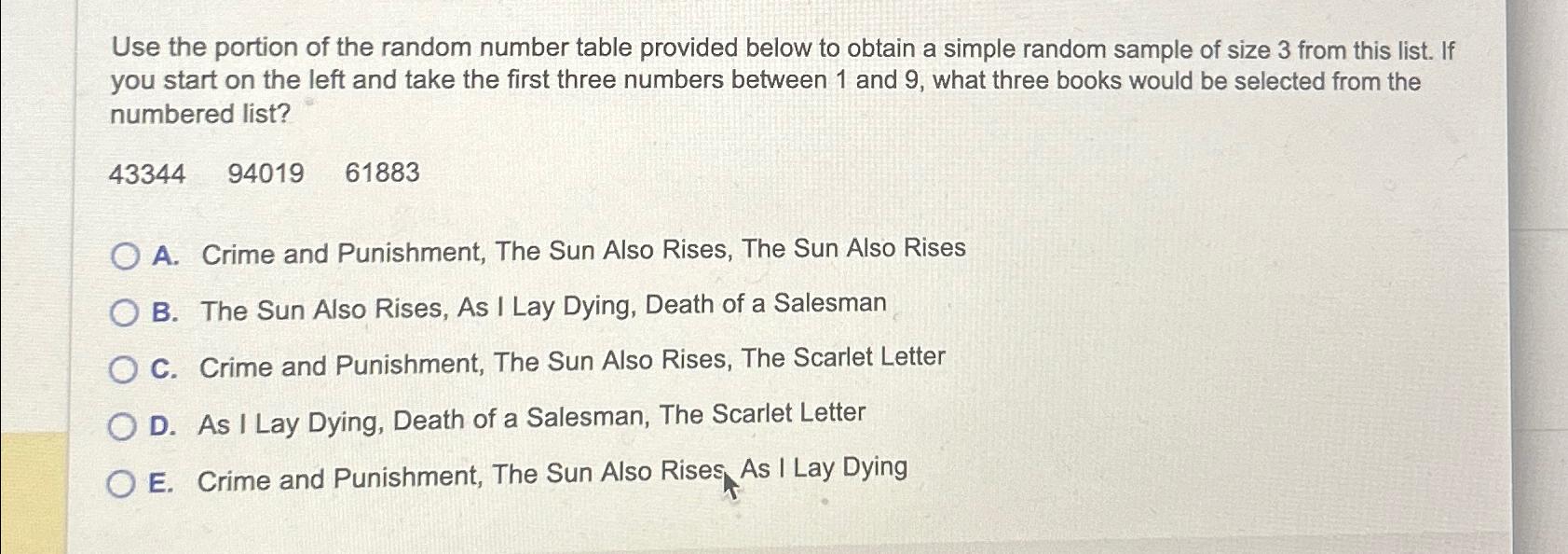 Solved Use the portion of the random number table provided | Chegg.com