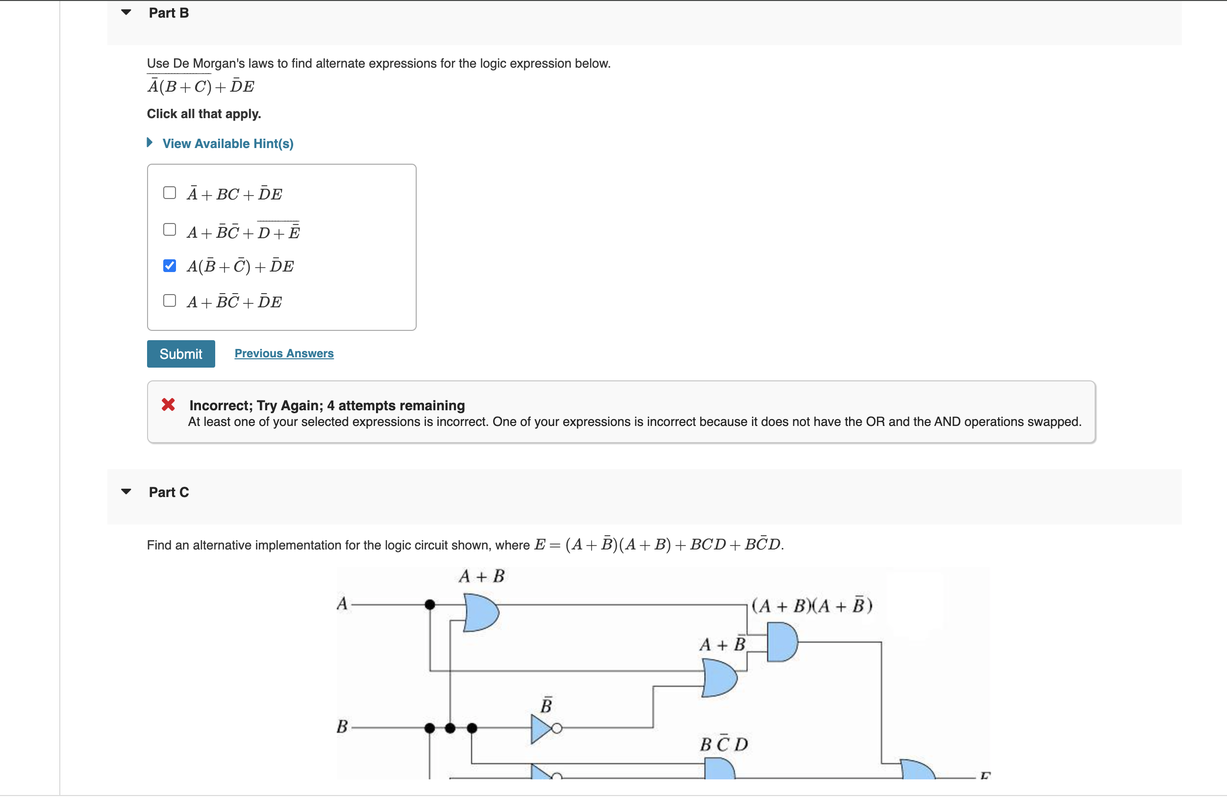 Solved Part BUse De ﻿Morgan's laws to ﻿find alternate | Chegg.com