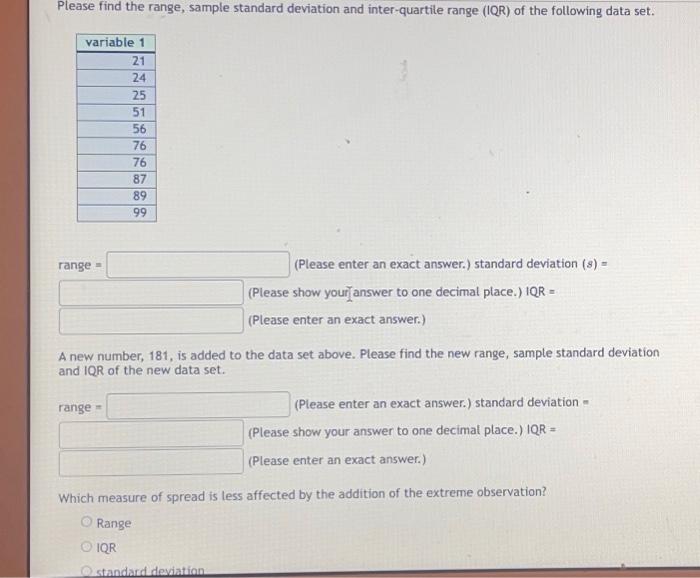 Solved range = (Please enter an exact answer.) standard | Chegg.com