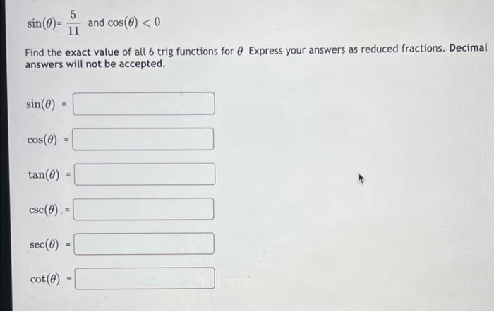 Solved sin(θ)=115 and cos(θ)