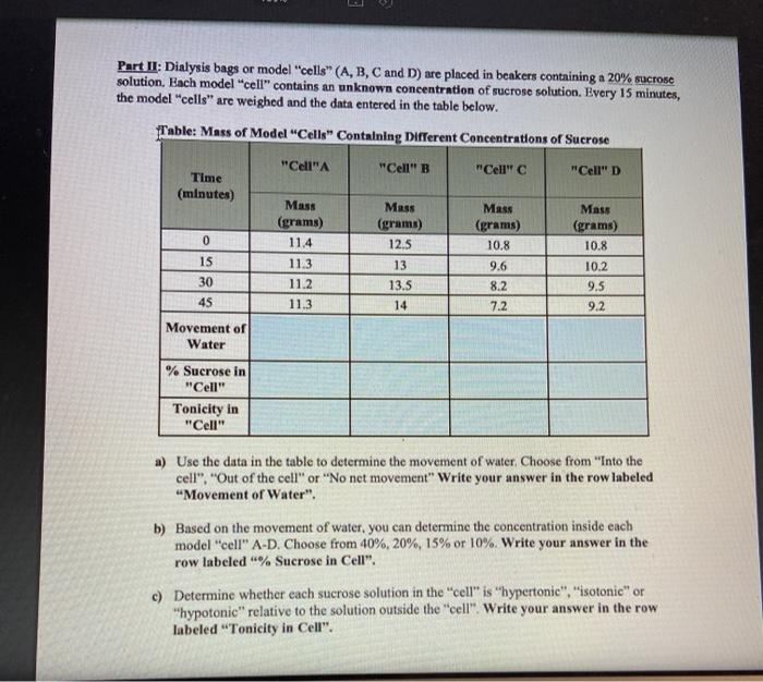 Solved Part II: Dialysis bags or model "cells" (A, B, C and | Chegg.com