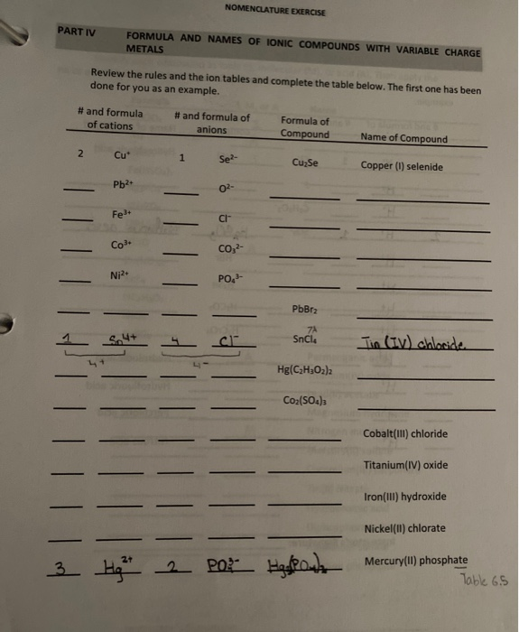 Solved NOMENCLATURE EXERCISE PART IV FORMULA AND NAMES OF | Chegg.com