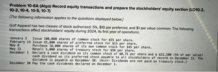 Solved Problem 10-6A (Algo) Record equity transactions and | Chegg.com
