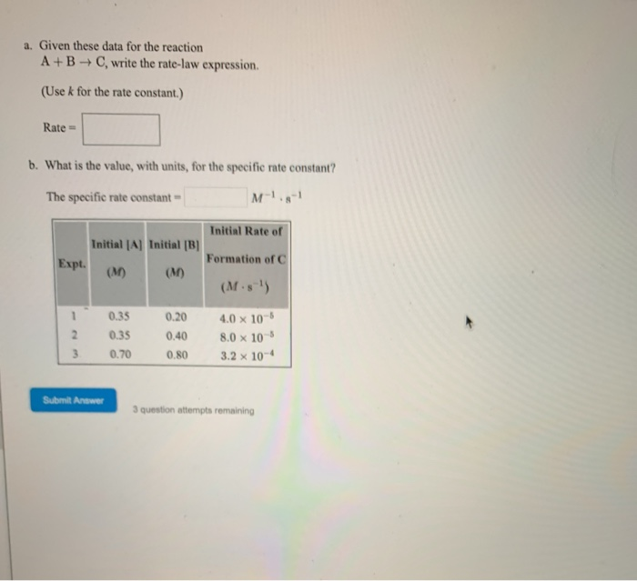 Solved a. Given these data for the reaction A+B C,write the | Chegg.com