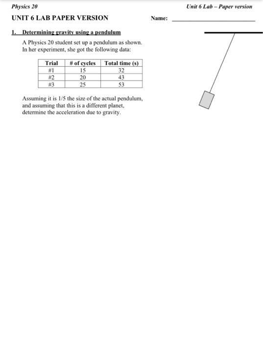 Solved Unit 6 Lab - Paper version Name: Physies 20 UNIT 6 | Chegg.com