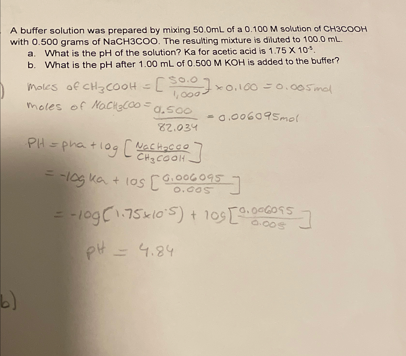 Solved A buffer solution was prepared by mixing 50.0mL ﻿of a | Chegg.com