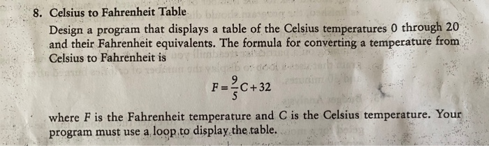 Solved 8. Celsius to Fahrenheit Table Design a program that | Chegg.com