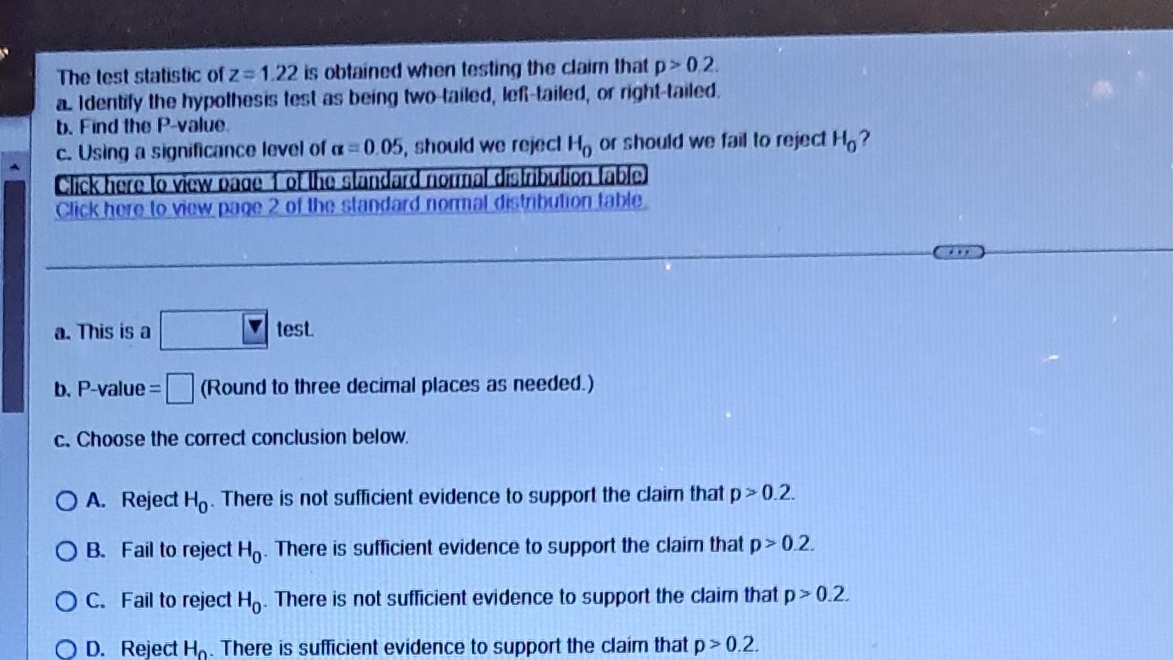 Solved The lest statistic of z=1.22 is obtained when testing | Chegg.com