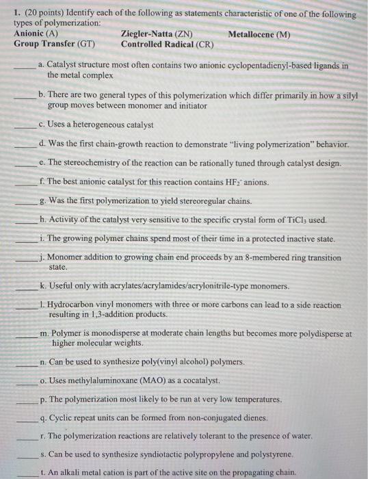 Solved 1. (20 points) Identify each of the following as | Chegg.com