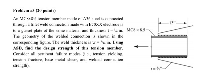 Problem #3 (20 points) An MC8x8 tension member made | Chegg.com
