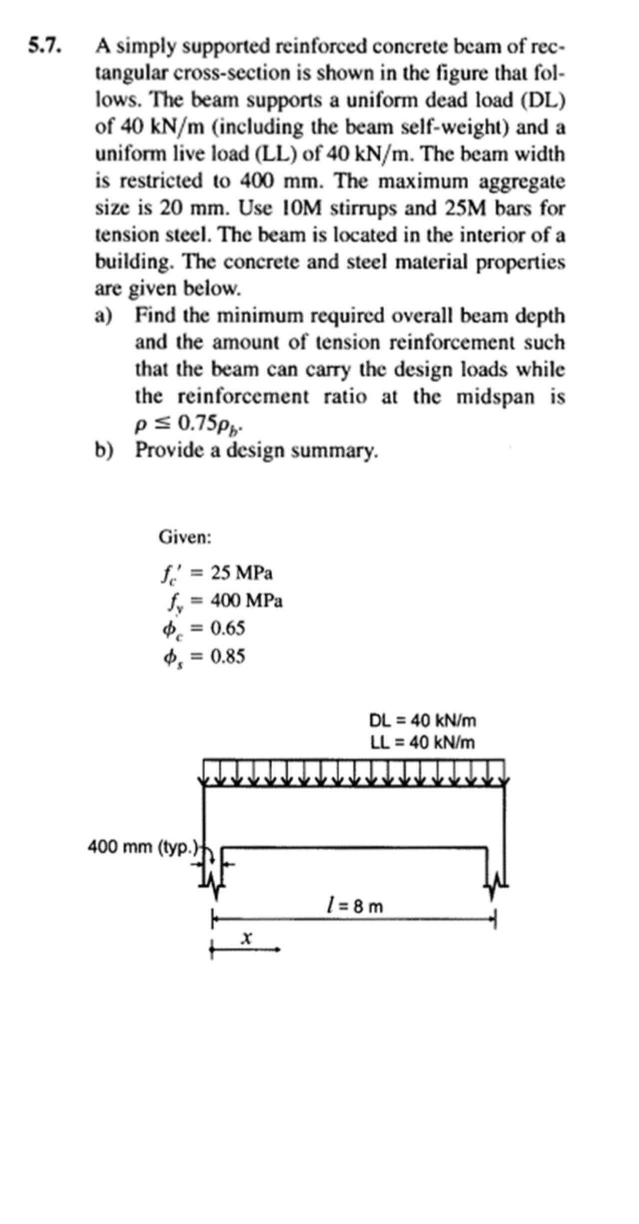 Solved 5.7. ﻿A simply supported reinforced concrete beam of | Chegg.com