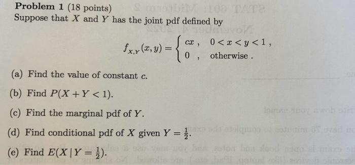 Solved Problem 1 (18 points) Suppose that X and Y has the | Chegg.com