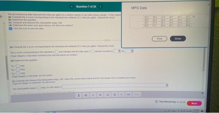 Solved (b) Detarmine the quartios MPG Data: [ill Chick the | Chegg.com