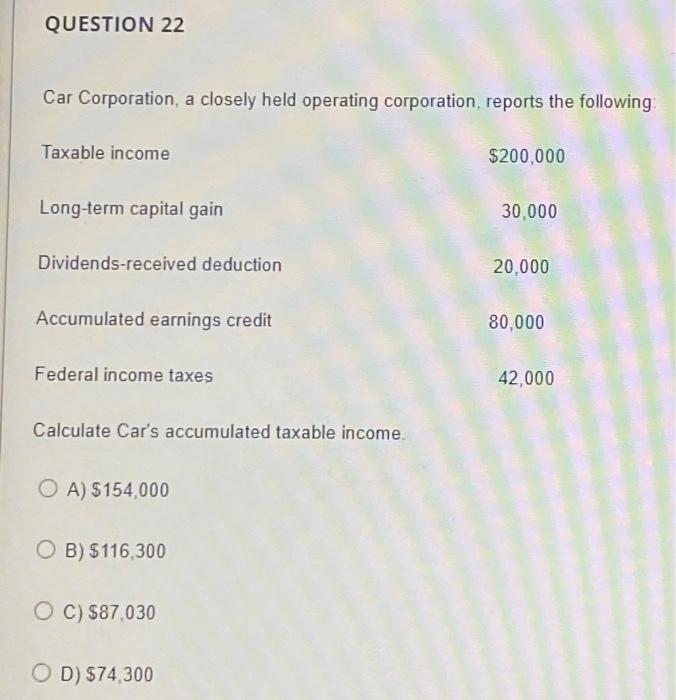 Solved Car Corporation, a closely held operating | Chegg.com