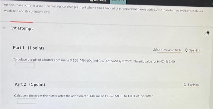 Solved An acid-base buffer is a solution that resists | Chegg.com