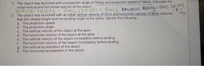 Solved initial vertical and honzontal velocity of the | Chegg.com