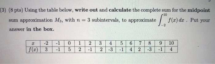 Solved (8 pts) Using the table below, write out and | Chegg.com
