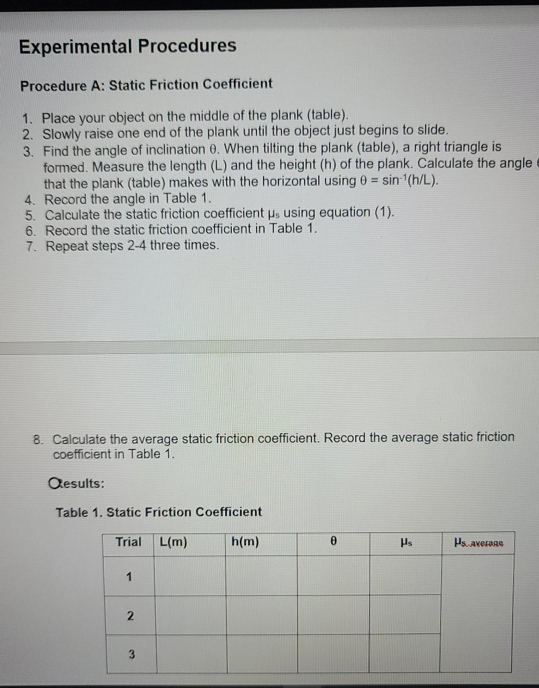 Experimental Procedures Procedure A: Static Friction | Chegg.com