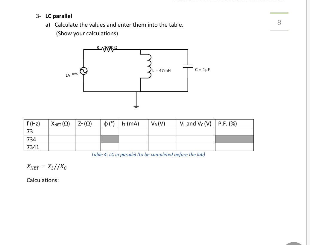 Solved 3- LC parallel a) Calculate the values and enter them | Chegg.com