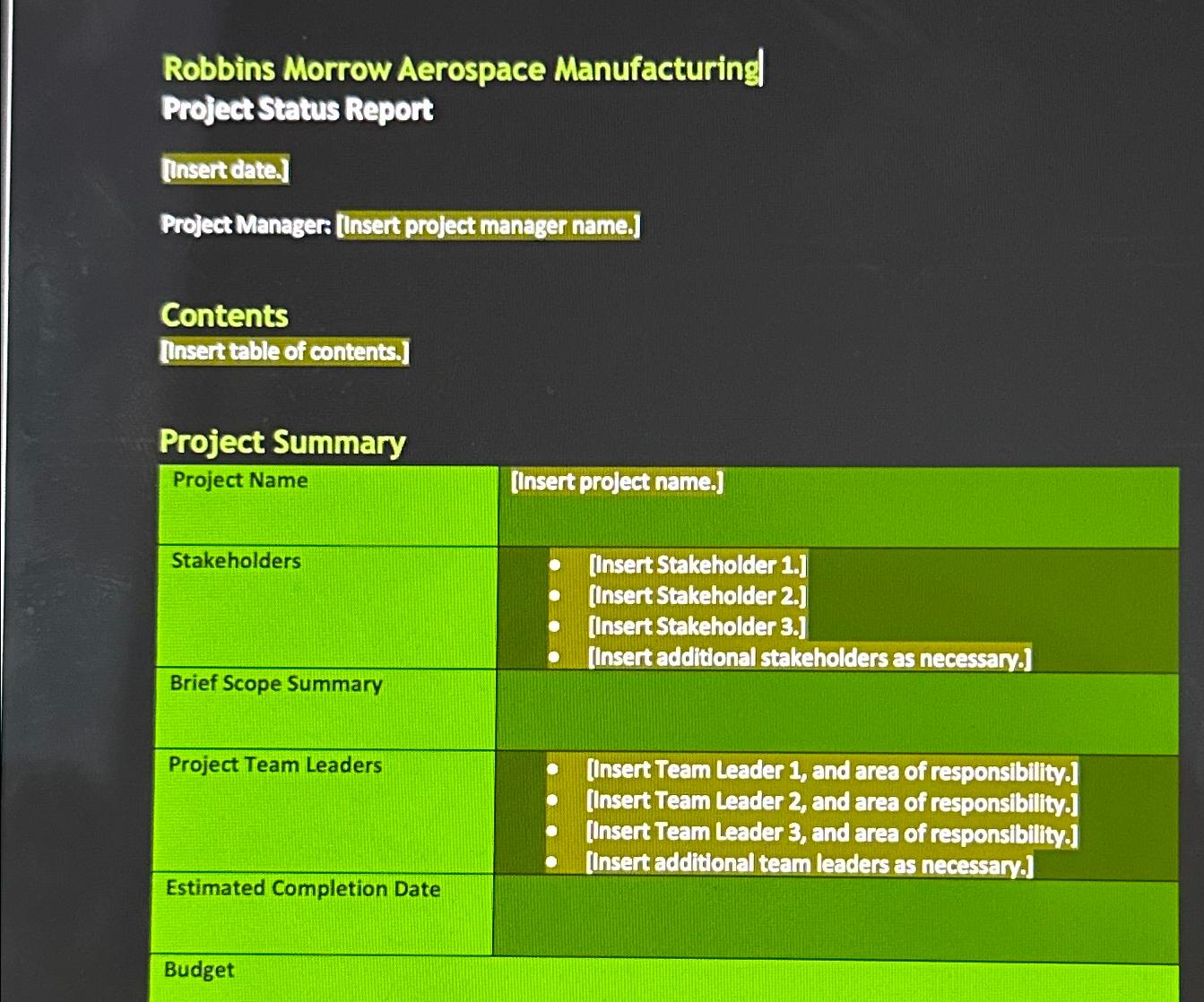 Solved Robbins Morrow Aerospace Manufacturing Project Status | Chegg.com