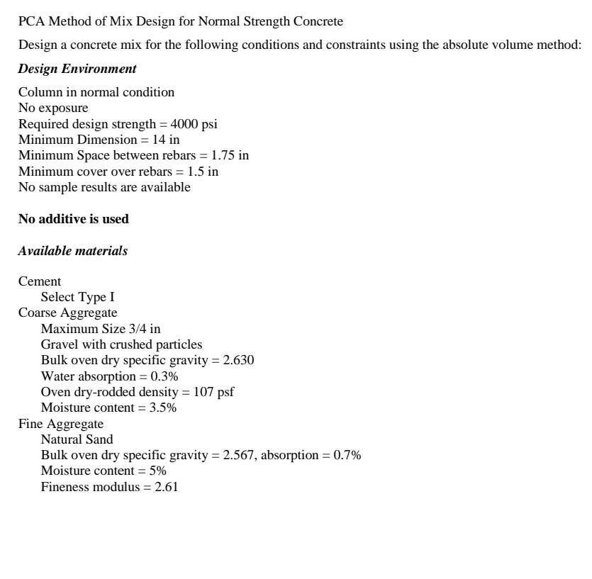 Solved PCA Method of Mix Design for Normal Strength Concrete | Chegg.com