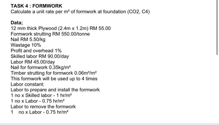 Solved TASK 4: FORMWORK Calculate a unit rate per m² of | Chegg.com