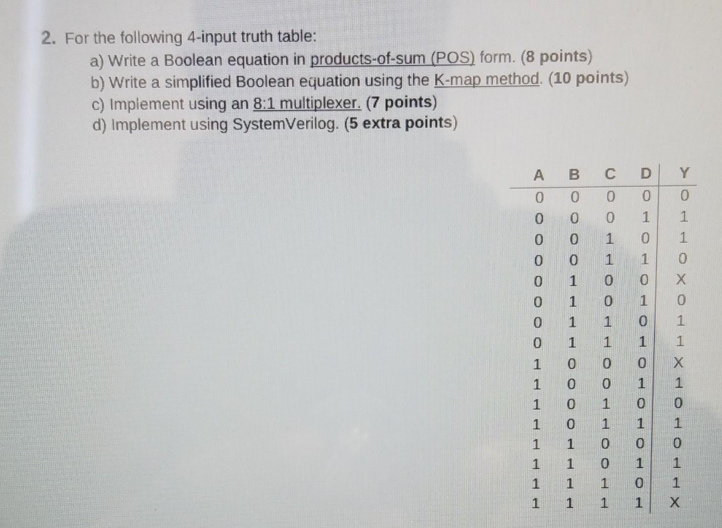 Solved 2. For the following 4-input truth table: a) Write a | Chegg.com