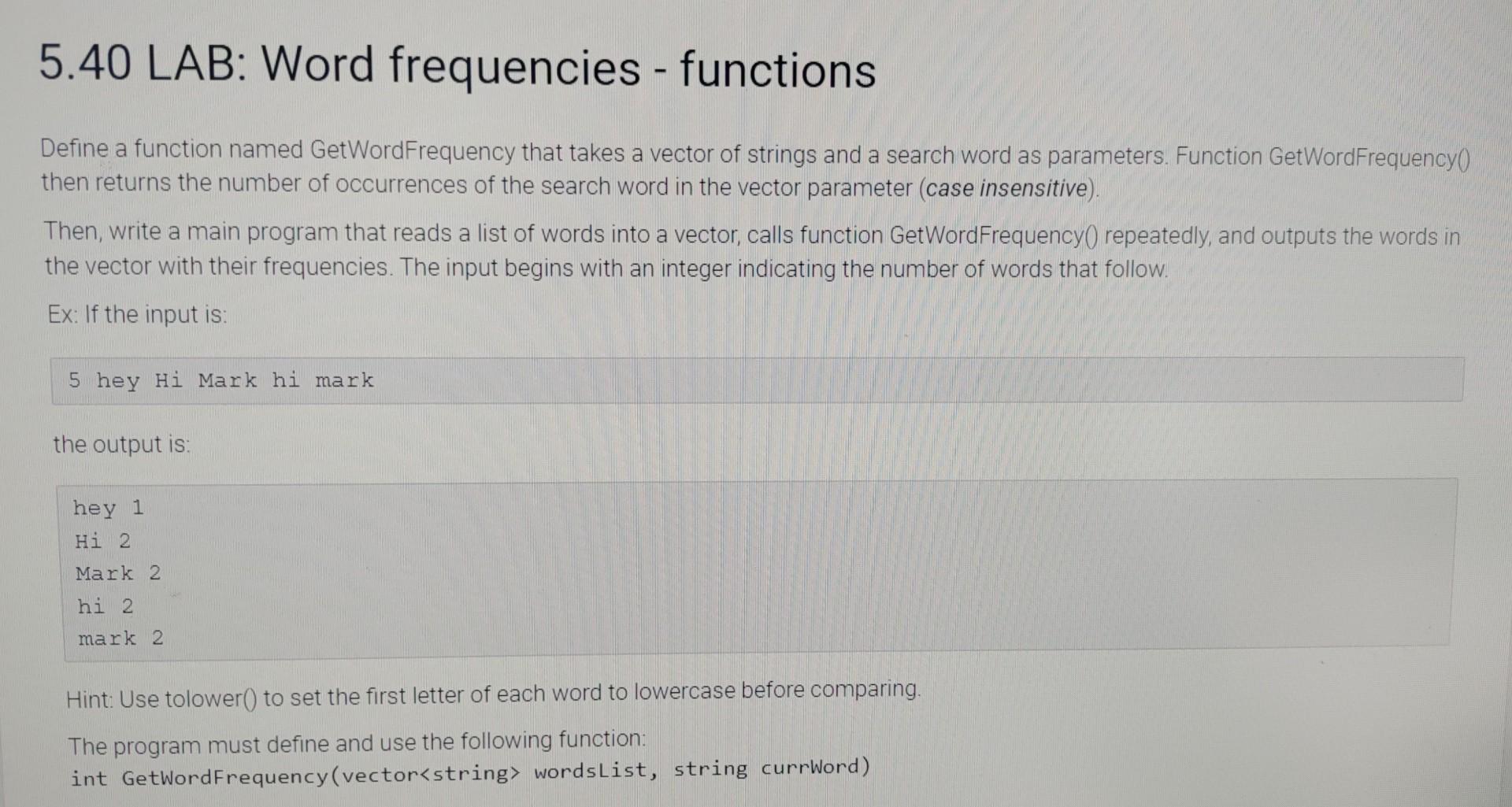 Solved 5 40 LAB Word Frequencies Functions Define A Chegg