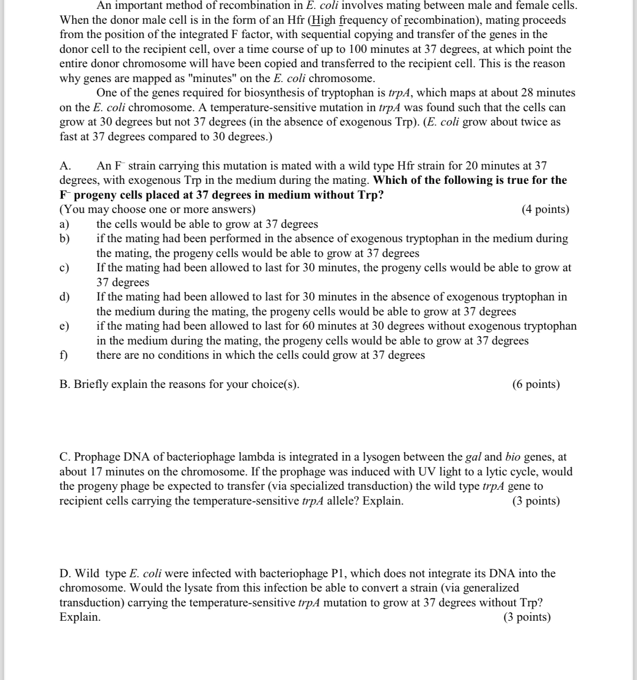 Solved An important method of recombination in E. ﻿coli | Chegg.com