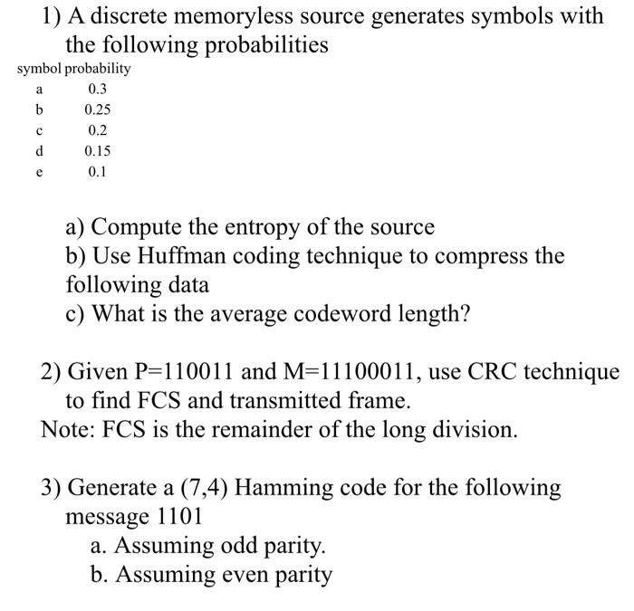 Solved 1) A discrete memoryless source generates symbols | Chegg.com