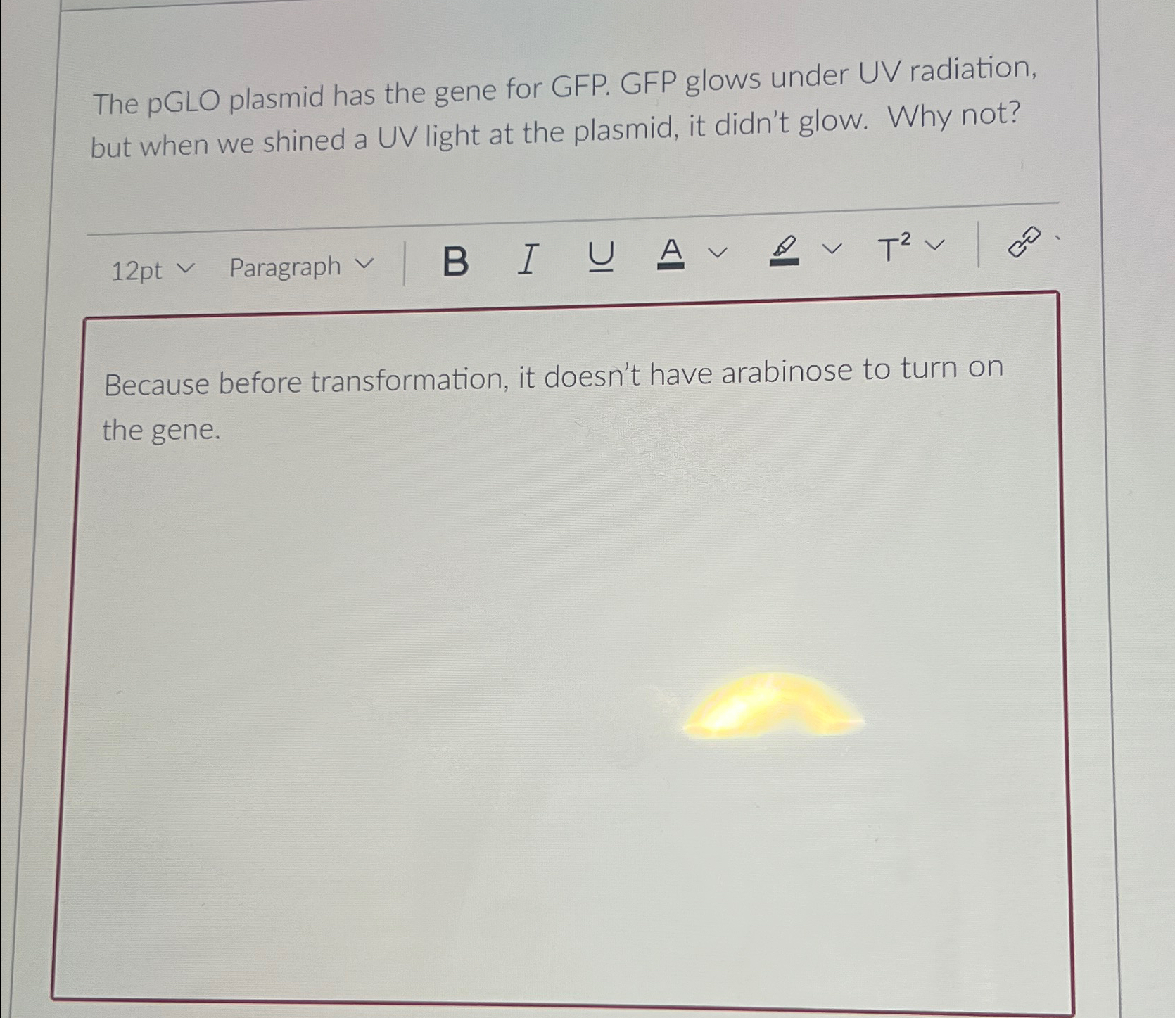 Solved The pGLO plasmid has the gene for GFP. ﻿GFP glows | Chegg.com