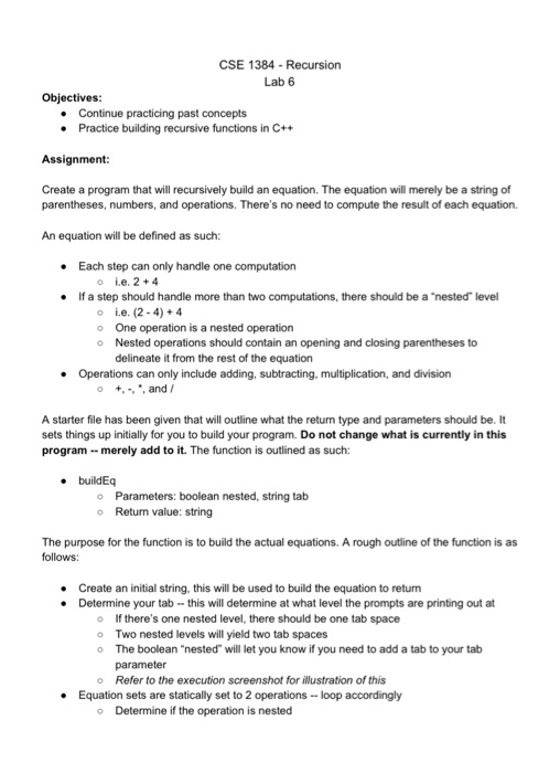 CSE 1384 - Recursion Lab 6 Objectives: Continue | Chegg.com