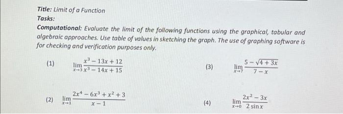 Solved Title: Limit of a Function Tasks: Computational: | Chegg.com
