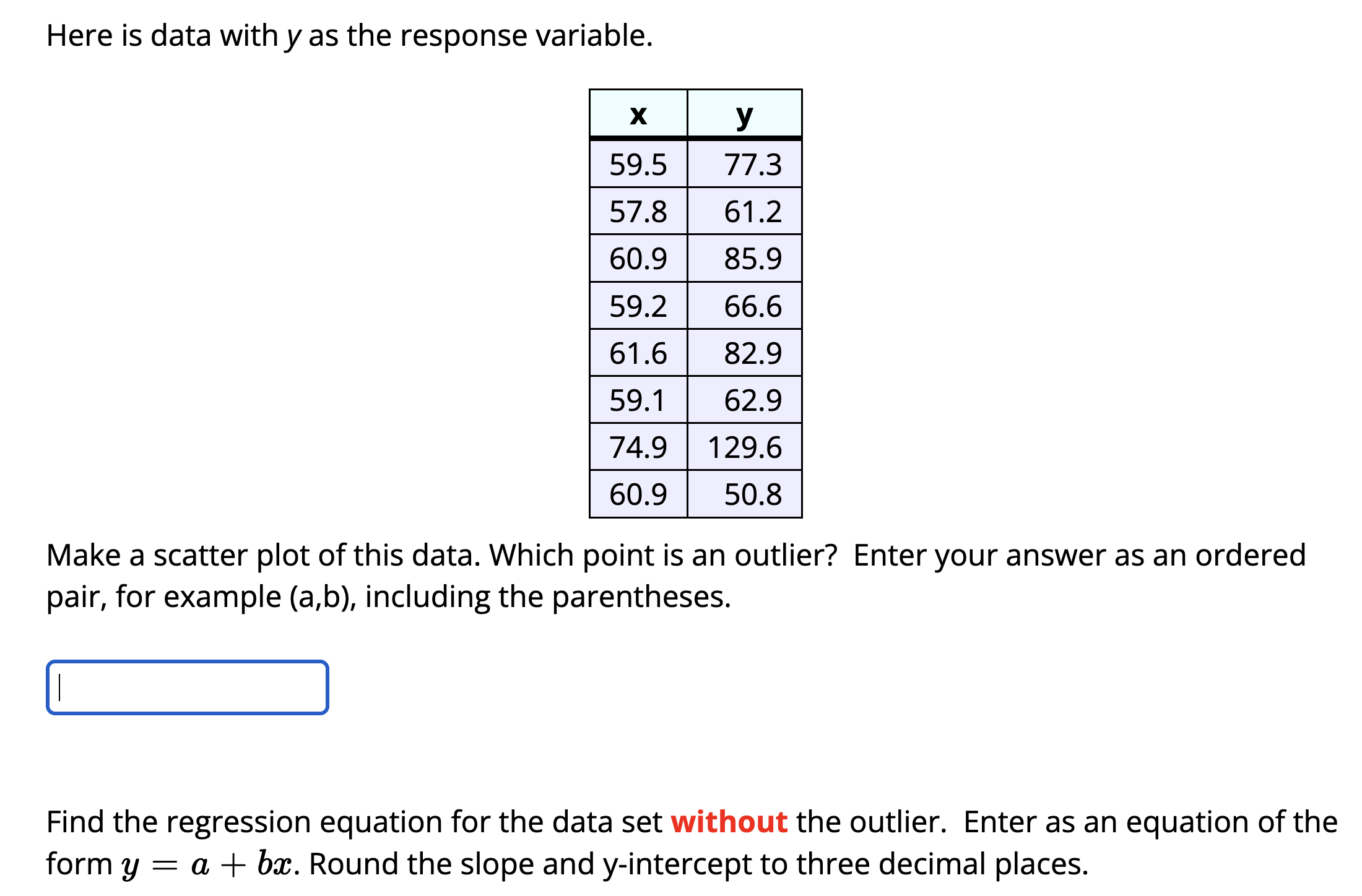 Solved Find the regression equation for the data set with | Chegg.com