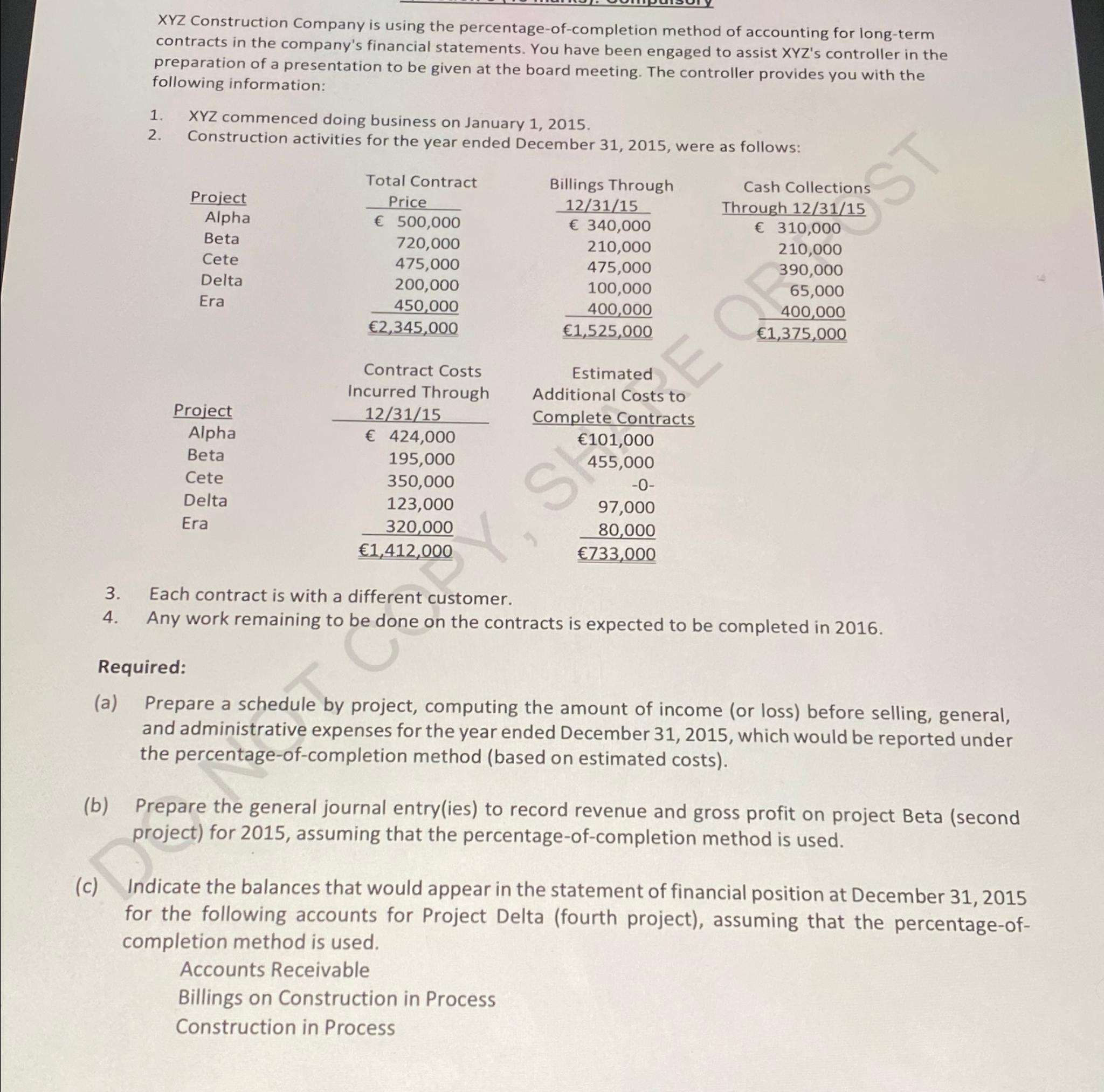 Solved XYZ Construction Company is using the | Chegg.com