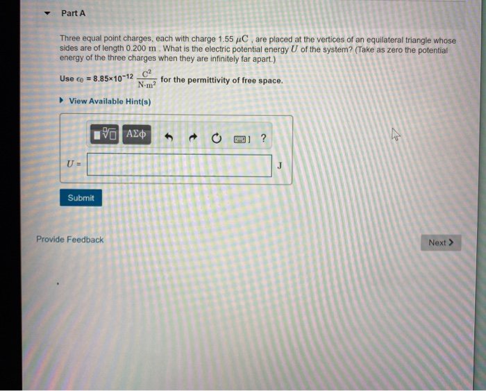 Solved Part A Three equal point charges, each with charge | Chegg.com