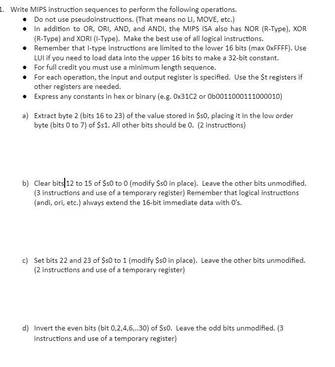 Solved Write MIPS instruction sequences to perform the | Chegg.com