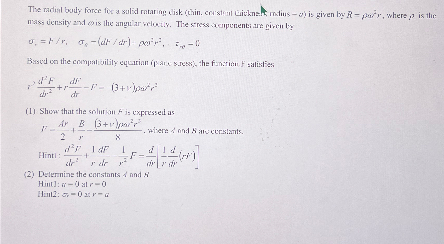 Solved The radial body force for a solid rotating disk | Chegg.com