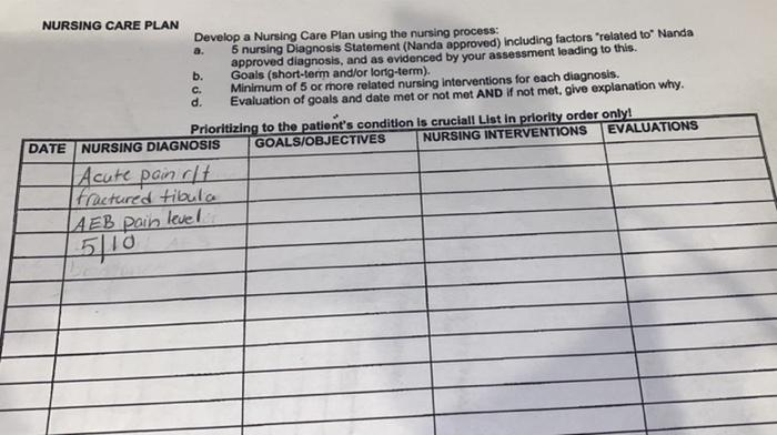 Solved NURSING CARE PLAN Develop a Nursing Care Plan using | Chegg.com